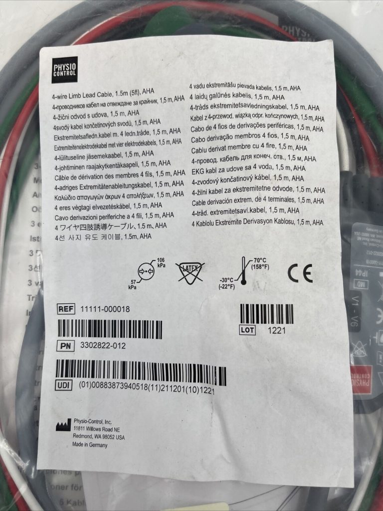 Physio Control 4-wire Limb Cable 2.4m 8ft IEC 11111-000018 3302822-012