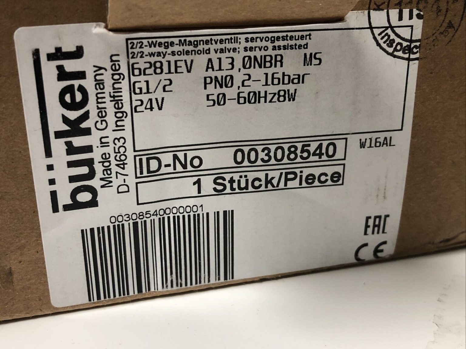 Burkert solenoid valve type 6281EV - Servo-assisted 2/2 way diaphragm ...