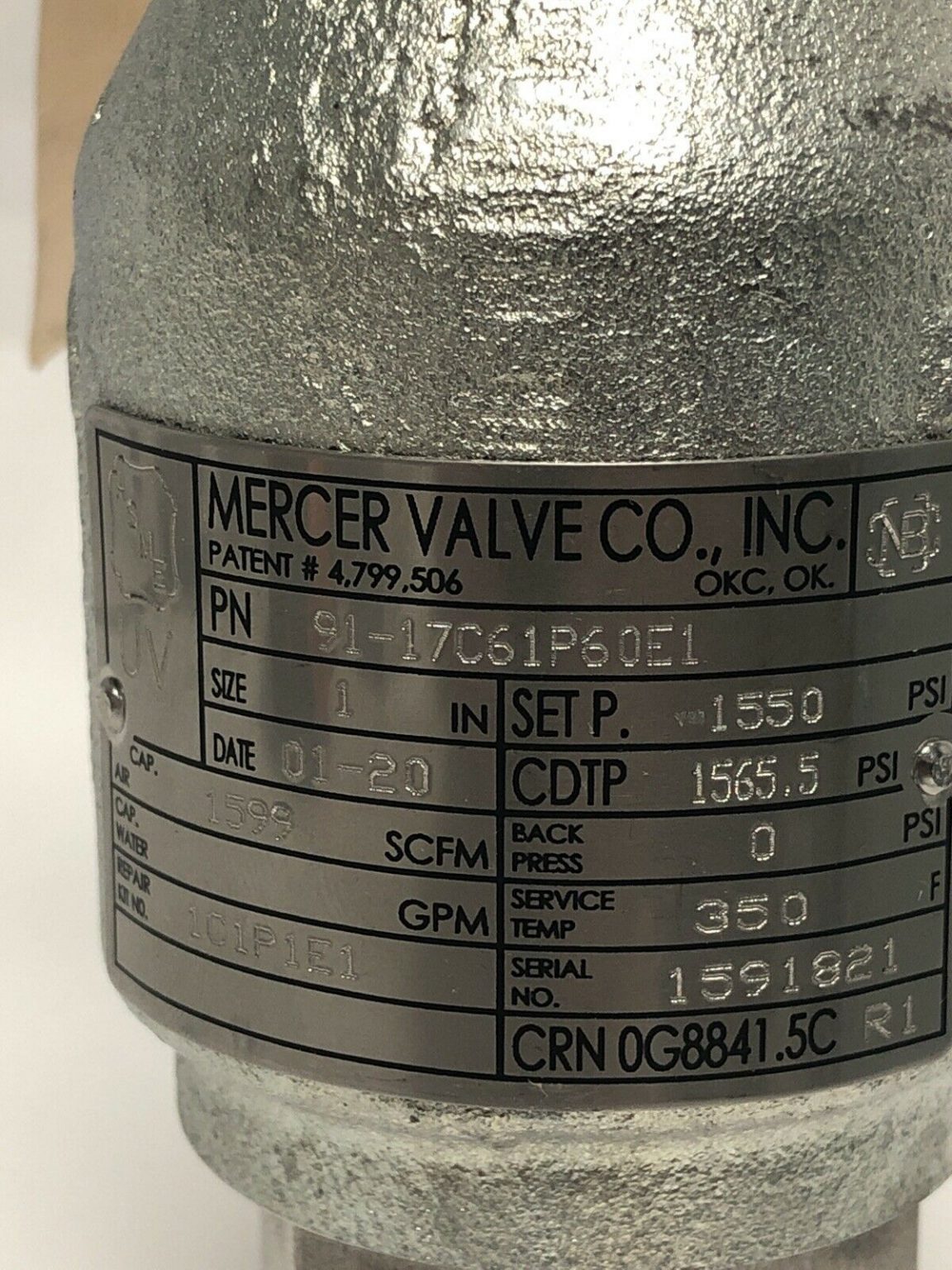 Mercer Valves CRN 0G8841.5C Pressure Relief Valve,1-1/2 NPT
