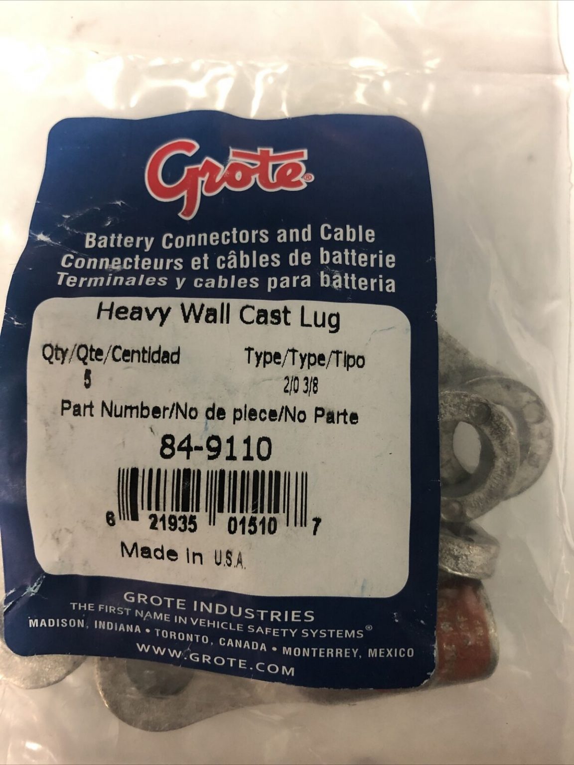 Grote Heavy Wall Copper Lugs 84-91102/0 Gauge, 3/8" - MADE IN USA - (5 ...