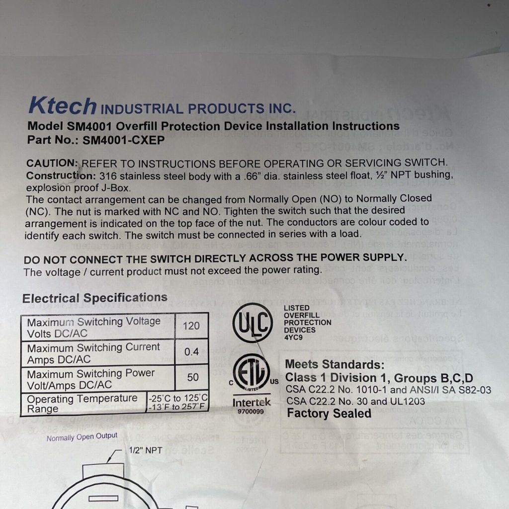 SM4001 Overfill Protection Device, Float Switch, Liquid level sensor
