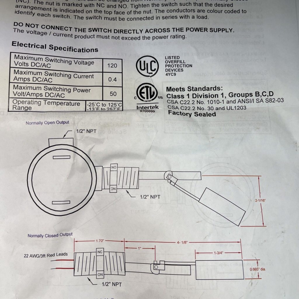 SM4001 Overfill Protection Device, Float Switch, Liquid level sensor